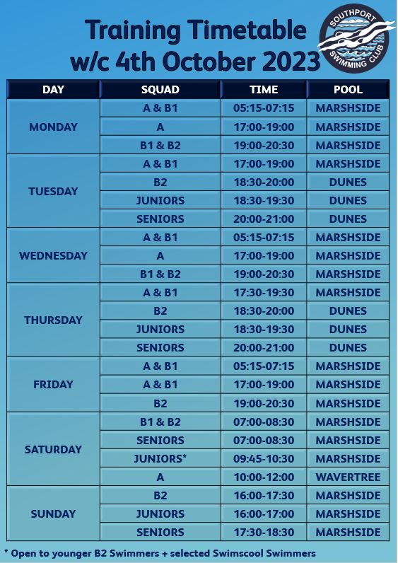 Southport Swimming Club - New Training Timetable 1st April 2023