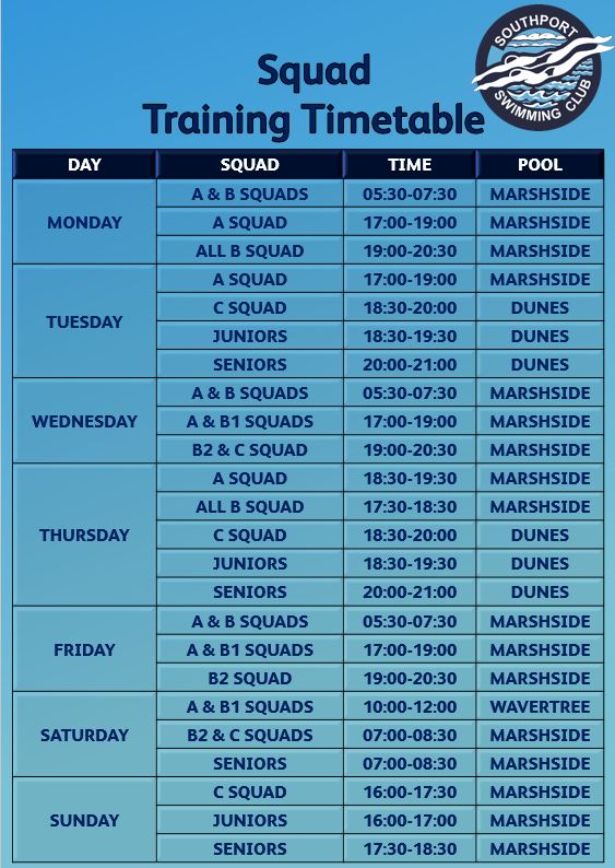 Southport Swimming Club - New Squad Training Timetable